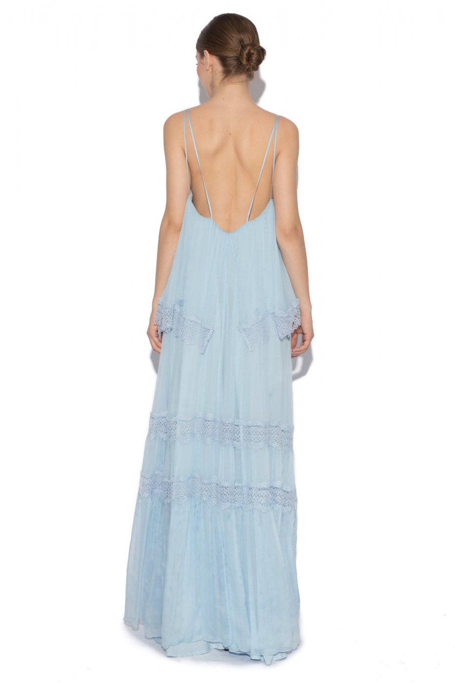 Rochie NISSA maxi din matase naturala si dantela albastra Deschis ...