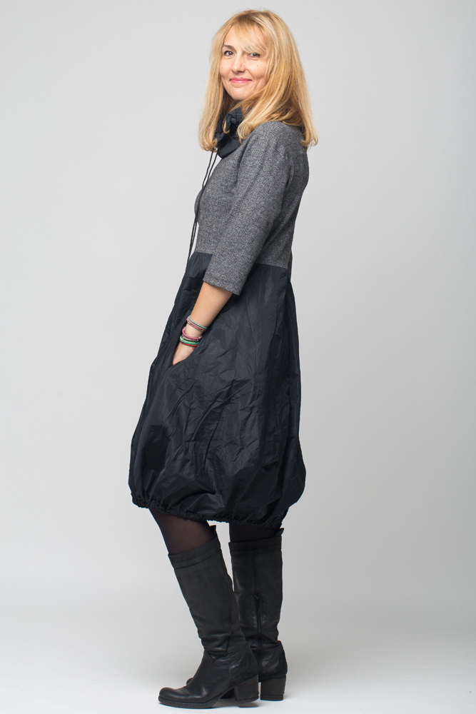 Shopika Rochie gogosar din stofa ecosez gri si tafta, taiata in talie ...