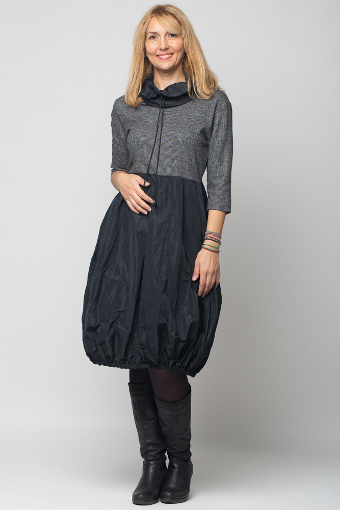 Shopika Rochie gogosar din stofa ecosez gri si tafta, taiata in talie ...