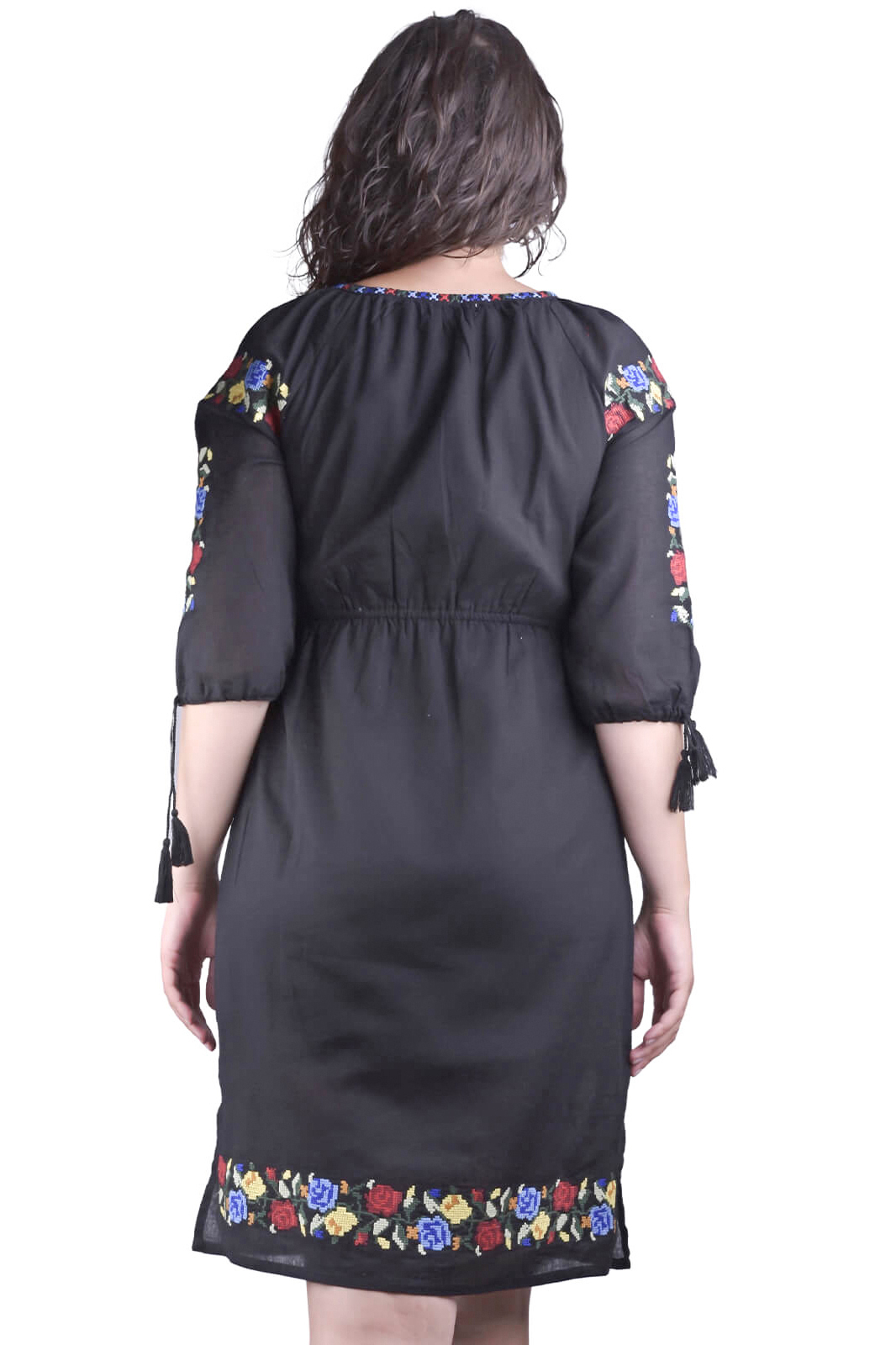Portul Romanesc Rochie traditionala midi neagra cu motiv floral ...