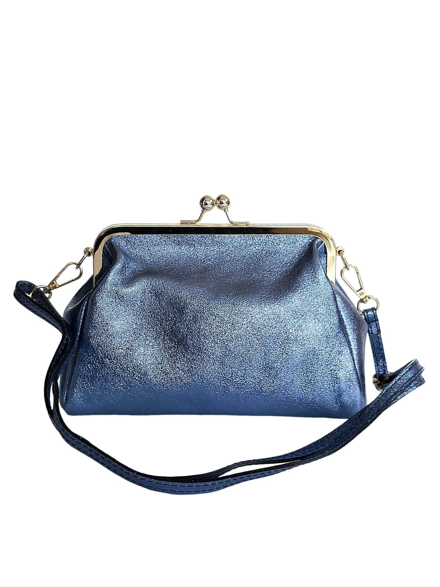 Poseta dama din piele naturala, Aspect lucios, Albastru - Made in Italy ...