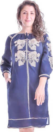 Portul Romanesc Rochie traditionala midi albastra cu motiv floral crem ...