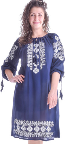 Portul Romanesc Rochie traditionala midi albastra cu motiv floral alb ...