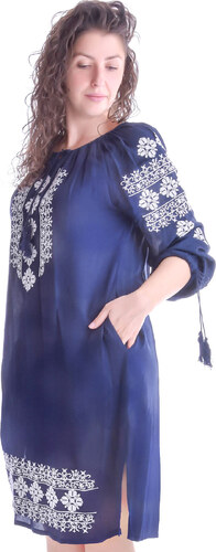 Portul Romanesc Rochie traditionala midi albastra cu motiv floral alb ...