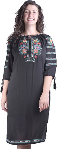 Portul Romanesc Rochie traditionala midi neagra cu motiv floral ...