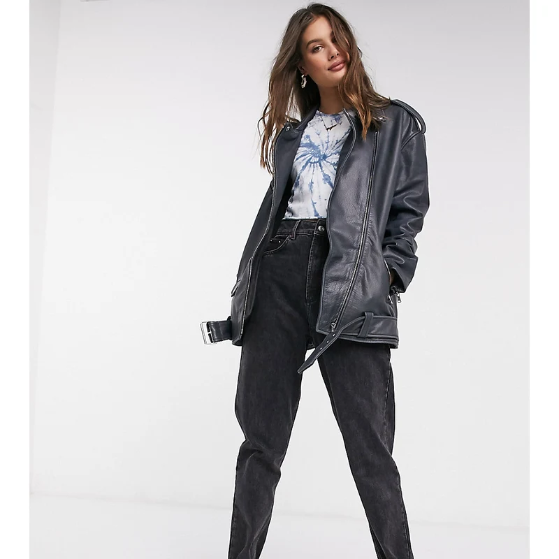 ASOS Tall ASOS DESIGN Tall oversized washed leather biker jacket in ...