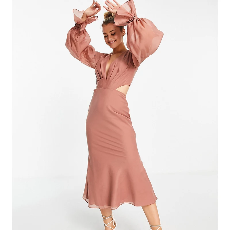 ASOS Tall ASOS DESIGN Tall pleated midi dress with blouson sleeve and ...