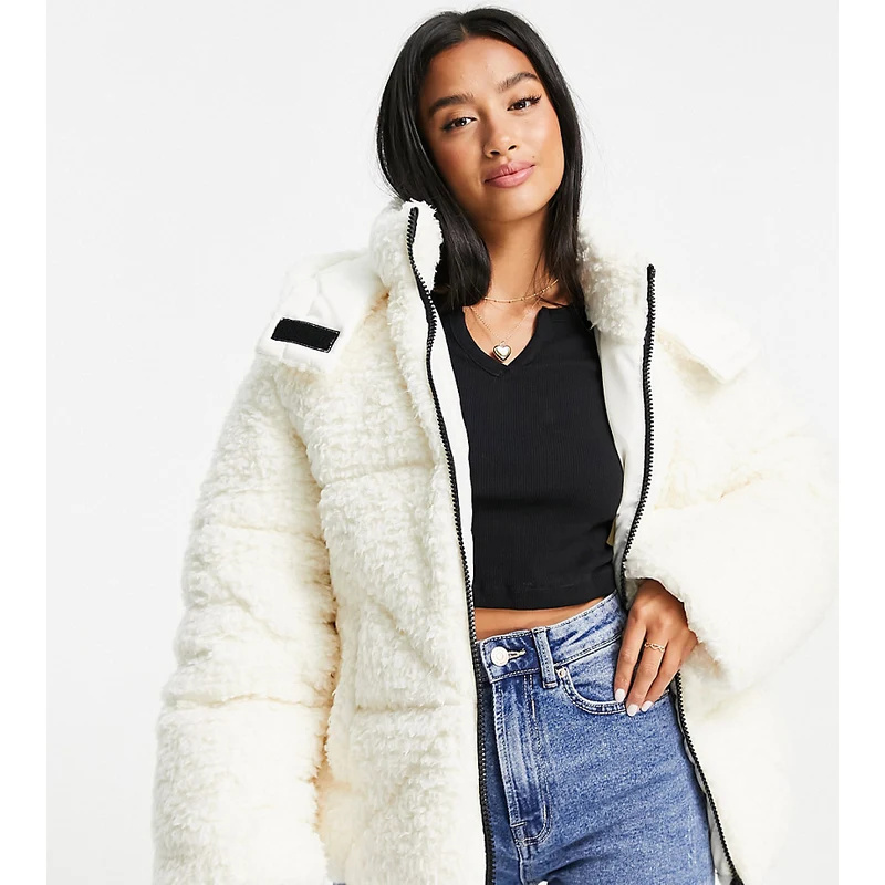ASOS Petite ASOS DESIGN Petite oversized borg puffer jacket in cream ...