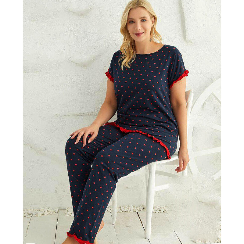 Haine de vis Pijama Dama Marimi Mari Navy cu Buline Rosii - GLAMI.ro