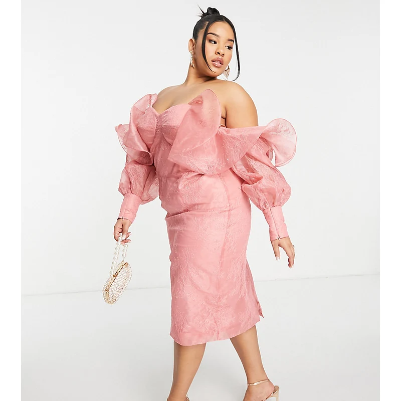 ASOS LUXE Curve wire bardot lace midi dress in pink - GLAMI.ro