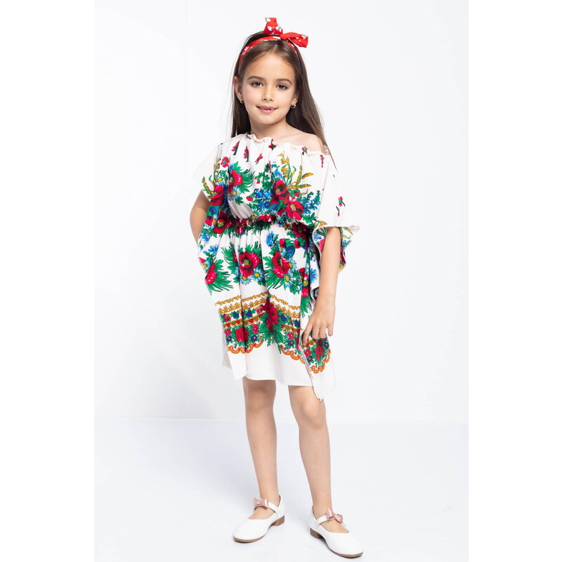 Haine de vis Rochie Model Folclor din Bumbac Floral Alb cu Elastic in ...