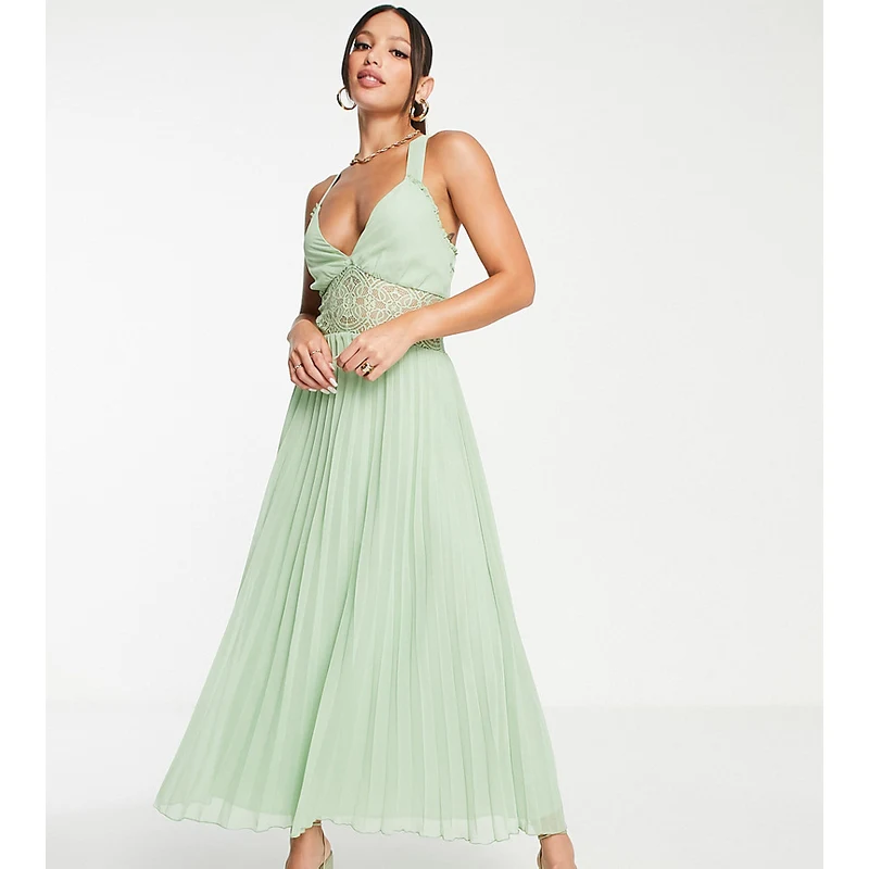 ASOS Tall ASOS DESIGN Tall lace insert pleated midi dress in sage-Green ...