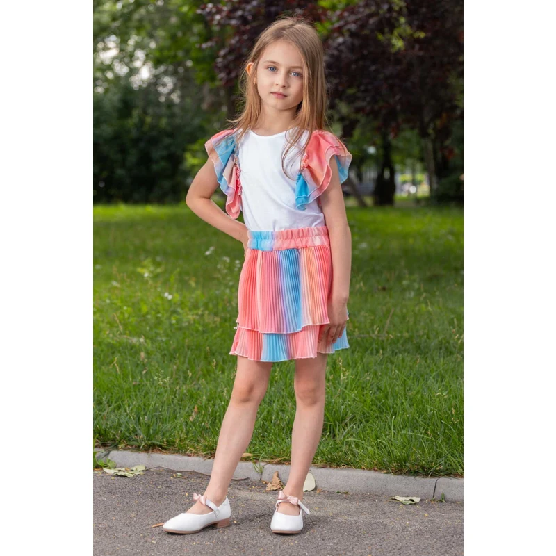 Haine de vis Compleu fetite cu top si fusta model plisat portrocaliu ...