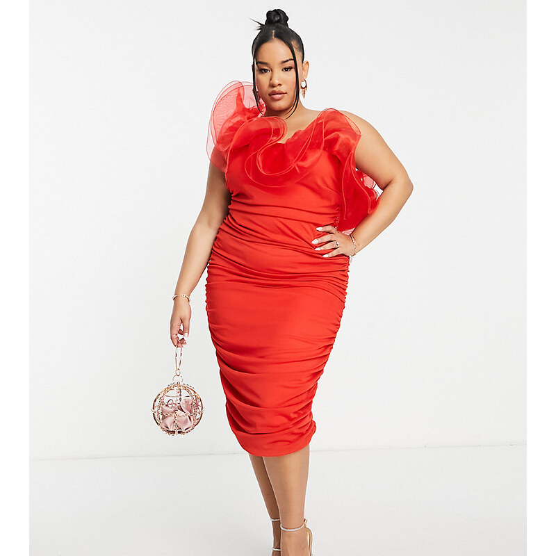 ASOS LUXE Curve wired ruffle one shoulder ruched midi dress in red ...