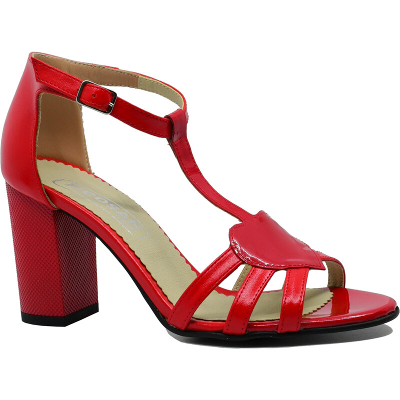 Ficosan Sandale elegante cu toc bloc, rosii din lac - GLAMI.ro