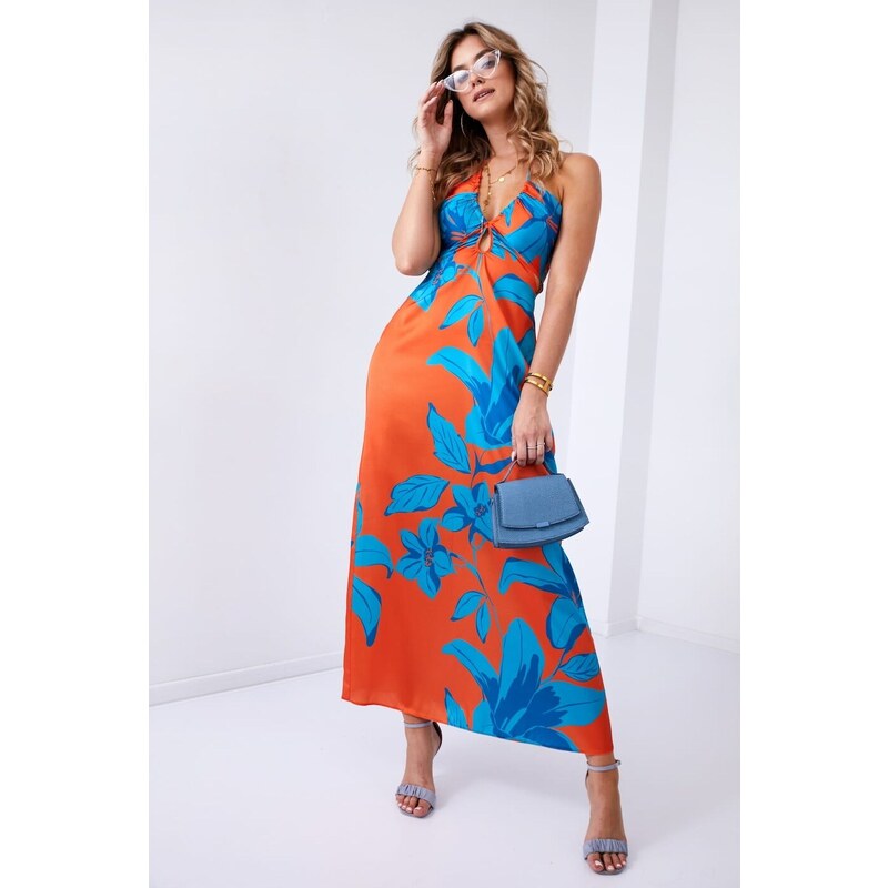 FASARDI Orange maxi dress with cutouts and tied neckline - GLAMI.ro