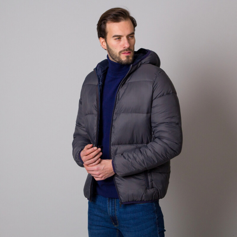 Jachetă bărbătească matlasată de culoare grafit, cu glugă 13361 - GLAMI.ro