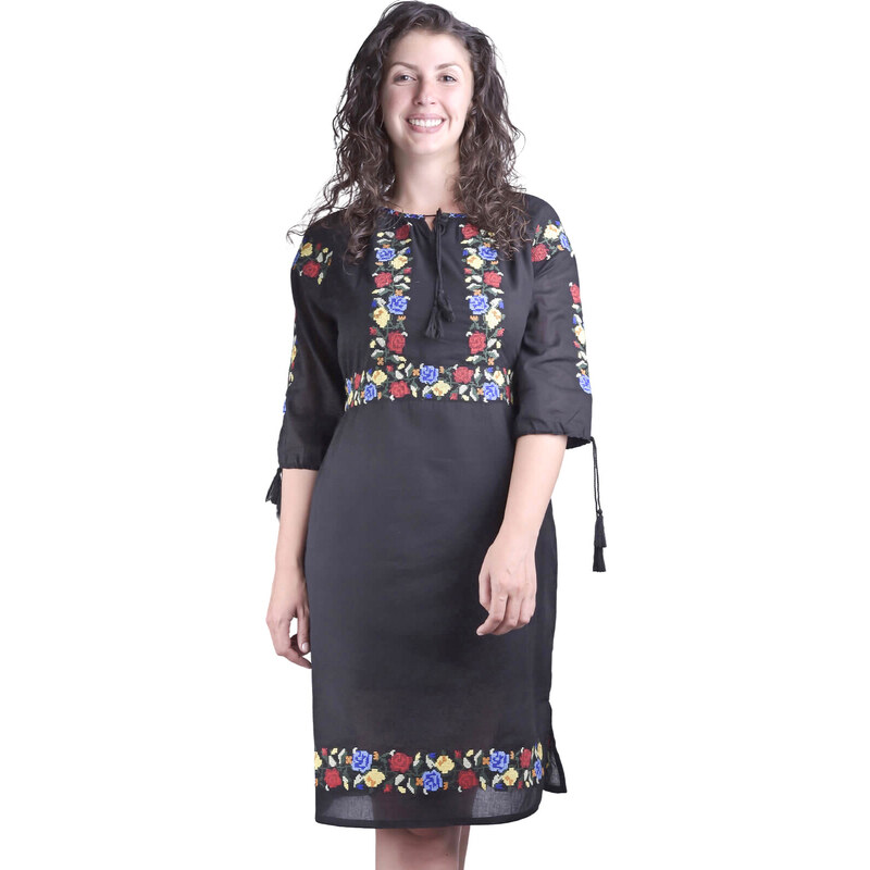 Portul Romanesc Rochie traditionala midi neagra cu motiv floral ...