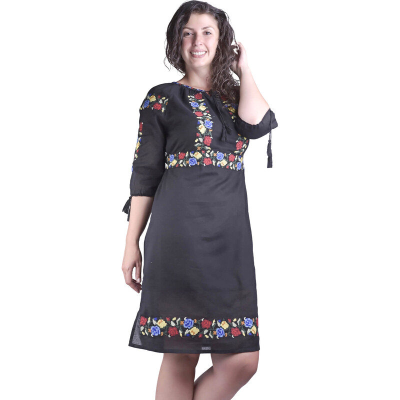 Portul Romanesc Rochie traditionala midi neagra cu motiv floral ...