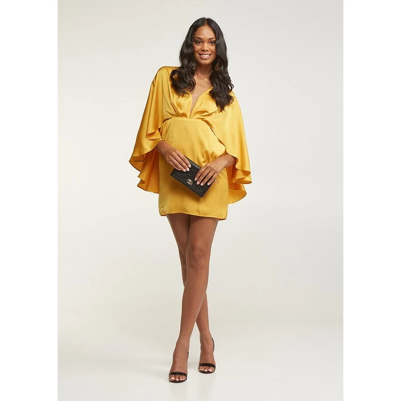 Lynne Rochie mini din satin cu pelerină - MUȘTAR - GLAMI.ro