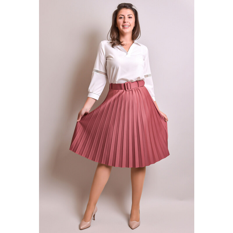 Portul Romanesc Fusta office plisata roz cu centura in talie - GLAMI.ro