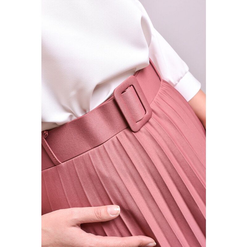 Portul Romanesc Fusta office plisata roz cu centura in talie - GLAMI.ro