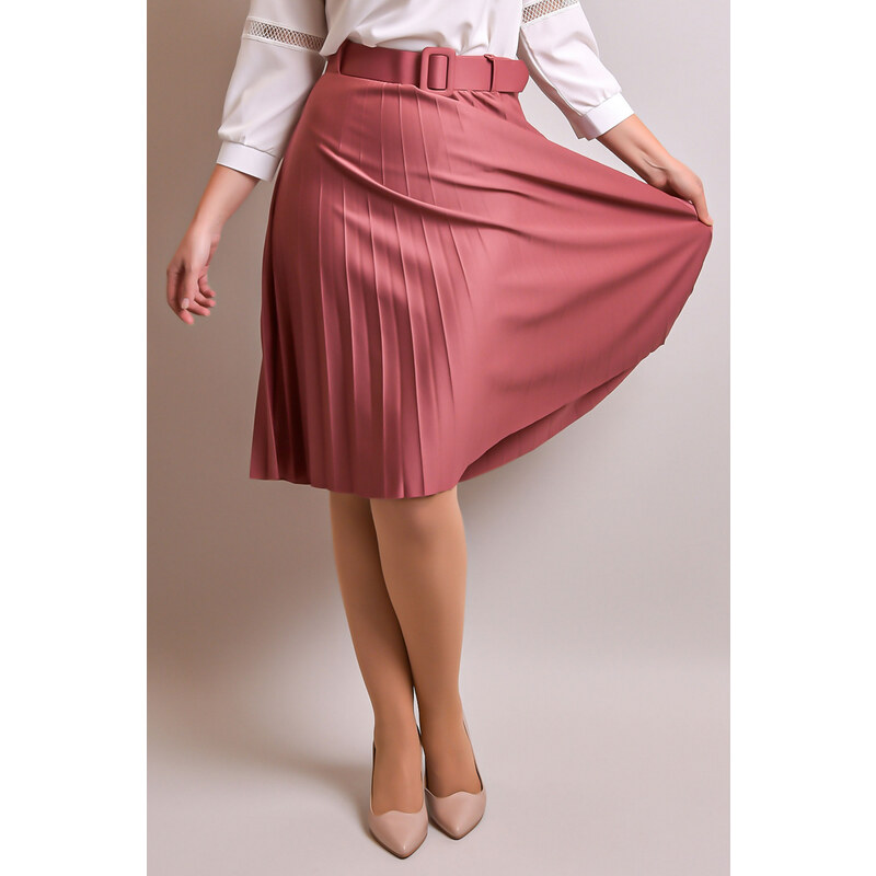 Portul Romanesc Fusta office plisata roz cu centura in talie - GLAMI.ro