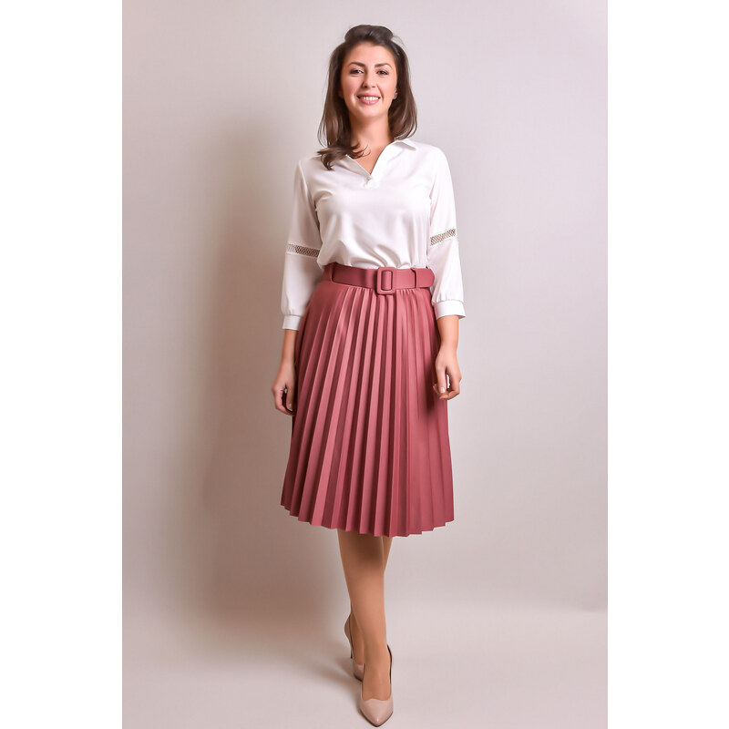 Portul Romanesc Fusta office plisata roz cu centura in talie - GLAMI.ro