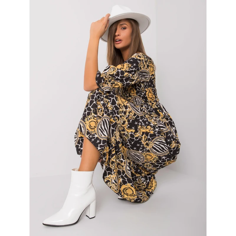 Italy Moda Rochie maxi neagră și galbenă cu un bibelou - GLAMI.ro