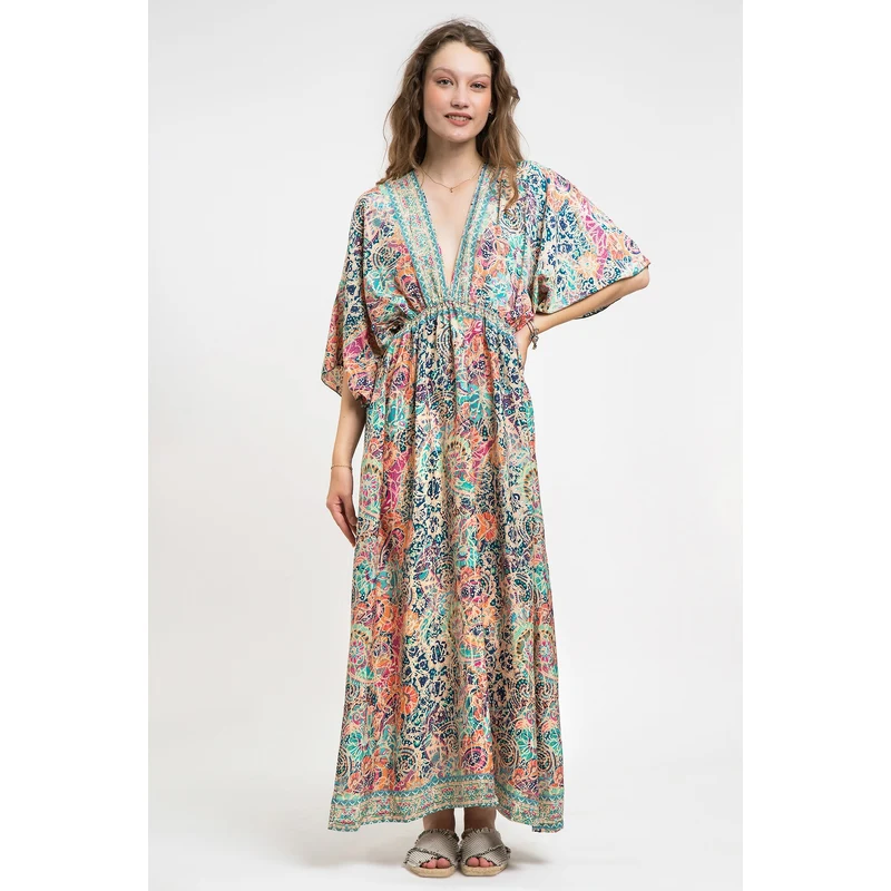 Maya Shop Rochie din matase vegetala multicolora cu slituri laterale ...