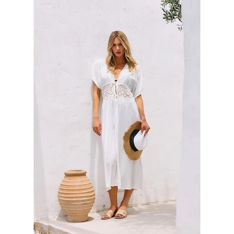 Lynne Caftan lung cu detalii din dantela - OFF WHITE - GLAMI.ro