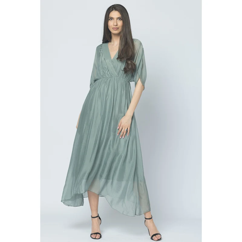 Shopika Rochie lunga in colturi, din matase naturala, cu bust petrecut ...