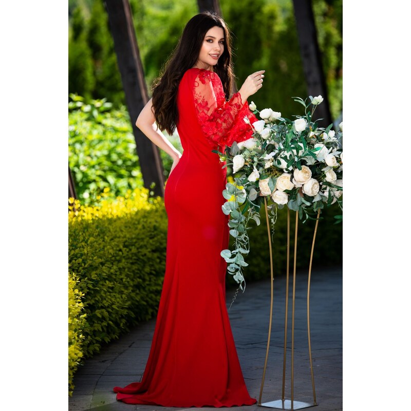 Rochie de nasa sirena Mariella rosie cu flori 3D si maneca clopot ...