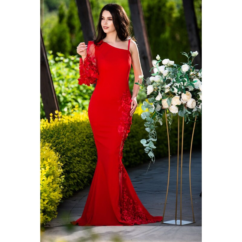 Rochie de nasa sirena Mariella rosie cu flori 3D si maneca clopot ...