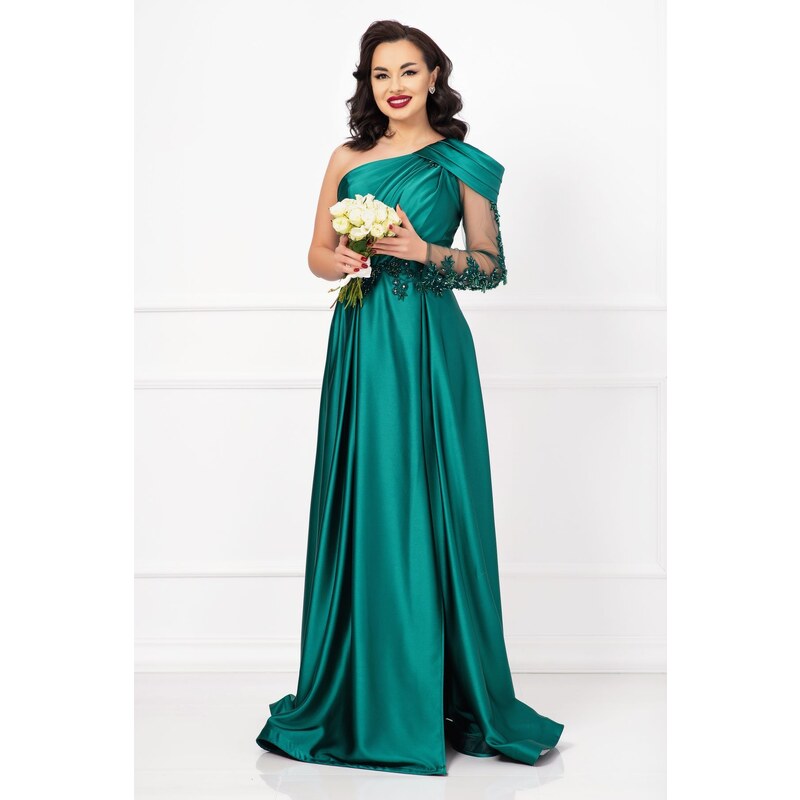 Rochie de nasa Carolyn verde din satin cu fronseuri si maneca brodata ...