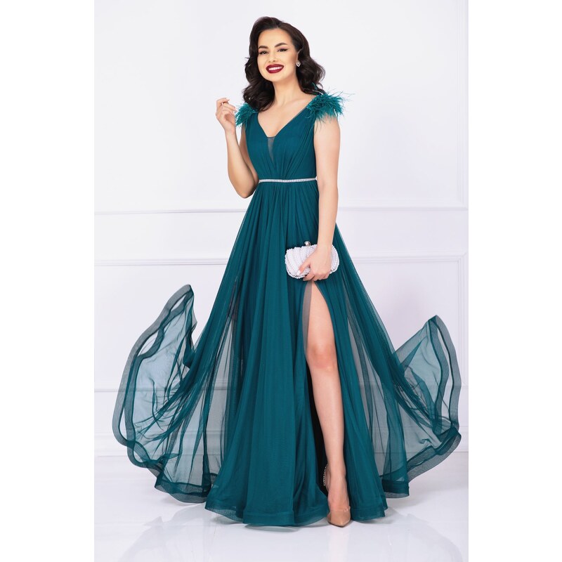 Rochie de nasa Gratiela verde cu perle in talie si fulgi pe umeri ...