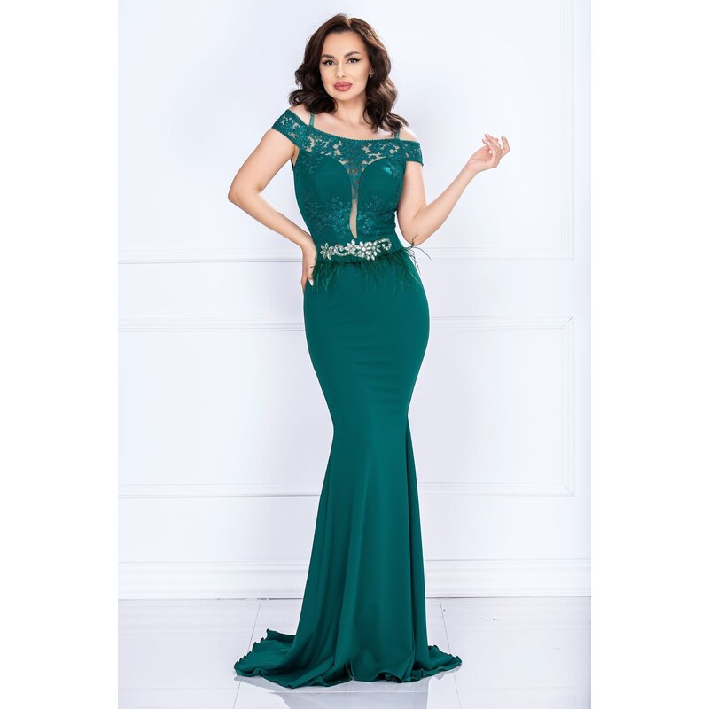 Rochie de nasa Renata verde tip sirena cu broderie si fulgi InPuff ...