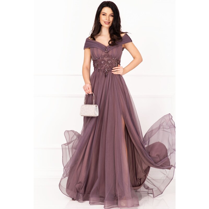 Rochie pretioasa Evelyn lunga mov eleganta din tulle cu strassuri ...