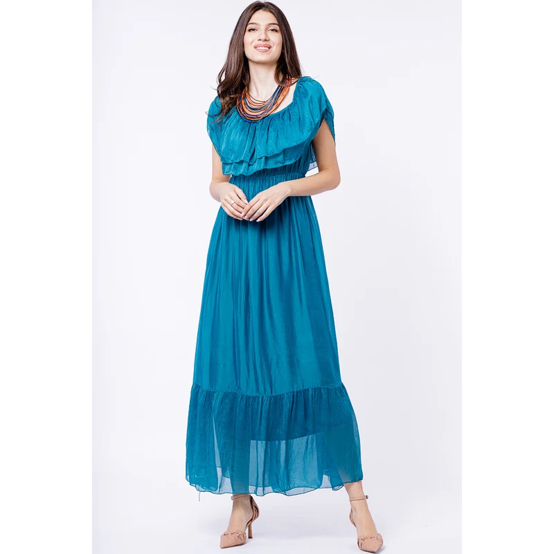 Shopika Rochie lunga, turcoaz, din matase naturala, cu volan pe umeri ...