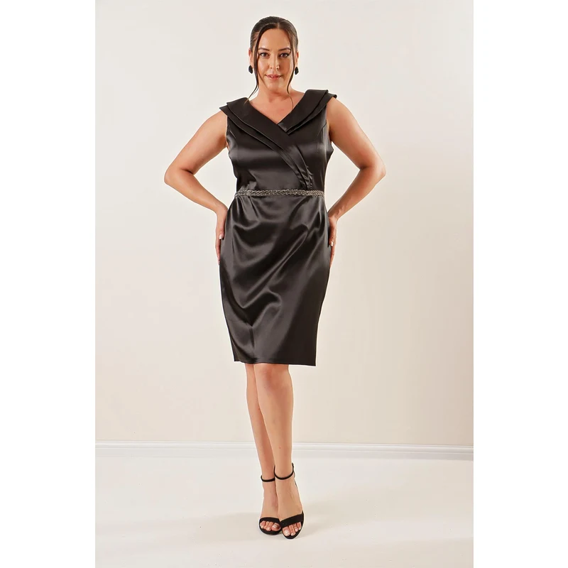 By Saygı Madonna Plus Size Rochie din satin cu talie cu guler dublu și ...