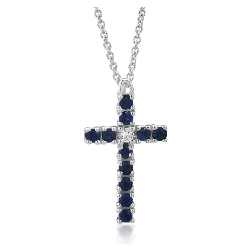 TEILOR Lant cu pandant cruce din aur alb de 18K cu safire de 0.42ct si ...