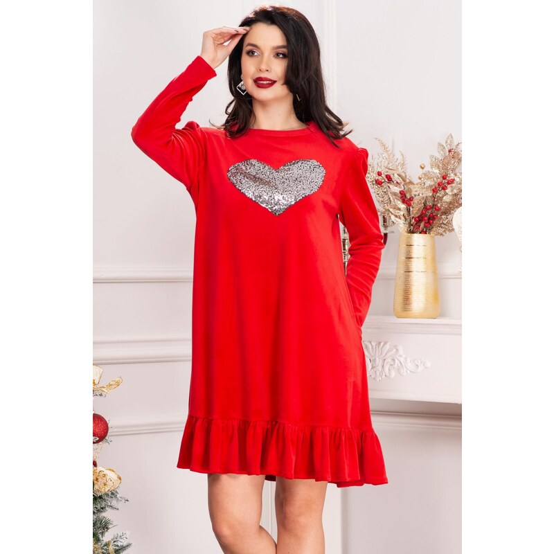 Rochie dama Alma rosie din catifea cu inima din paiete InPuff - GLAMI.ro
