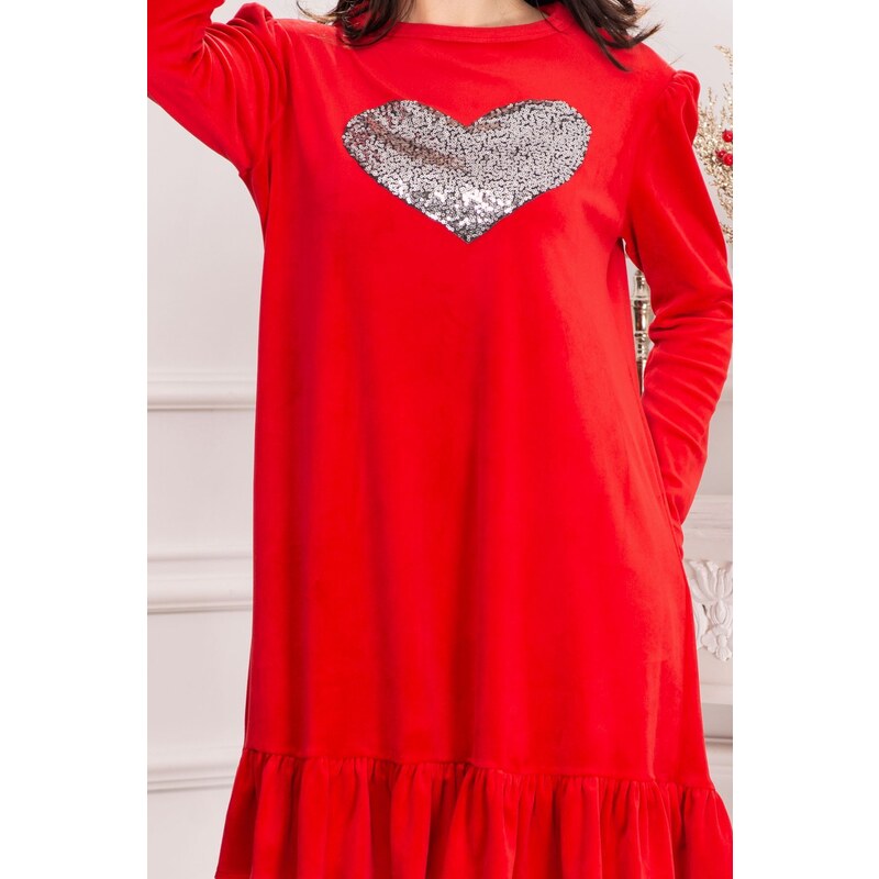 Rochie dama Alma rosie din catifea cu inima din paiete InPuff - GLAMI.ro