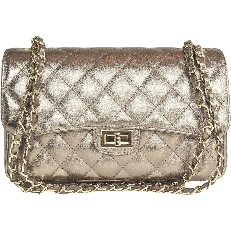 Poseta dama din piele naturala, Model mic, matlasat, Auriu inchis ...