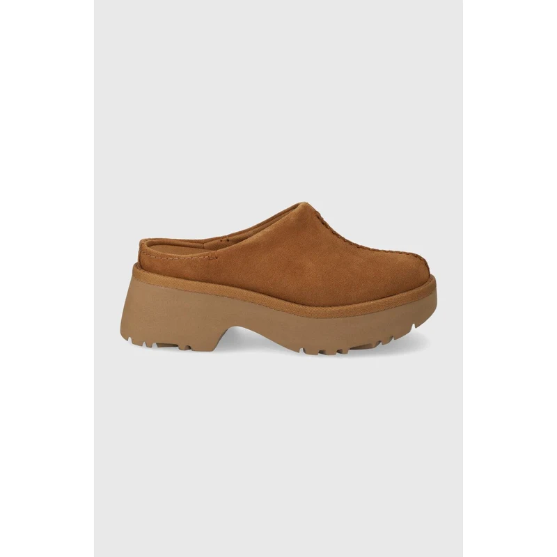 UGG papuci din piele NeHeights Clog femei, culoarea maro, cu platforma ...