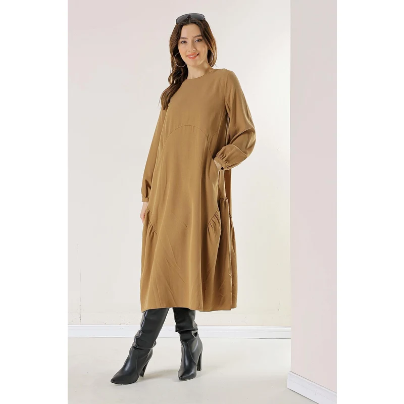 By Saygı Buttoned Sleeve and Pocket Frilly Lyocel Dress - GLAMI.ro