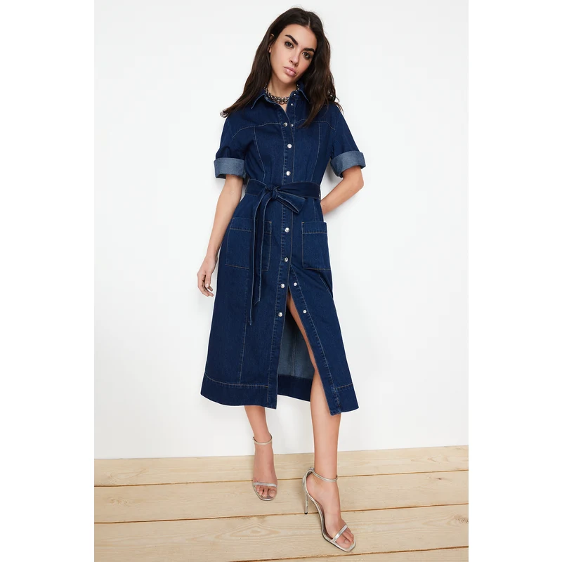 Trendyol Blue Belt Denim Maxi Dress - GLAMI.ro