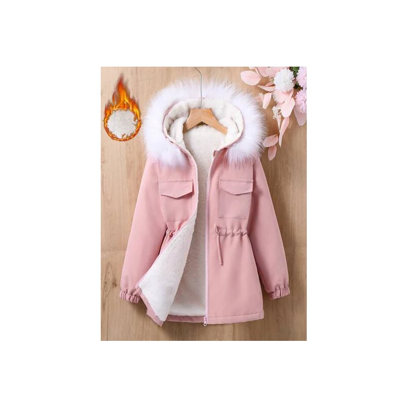 Shein Geaca cu snur reglabil, captusita si cu blana la gluga, roz, fete ...