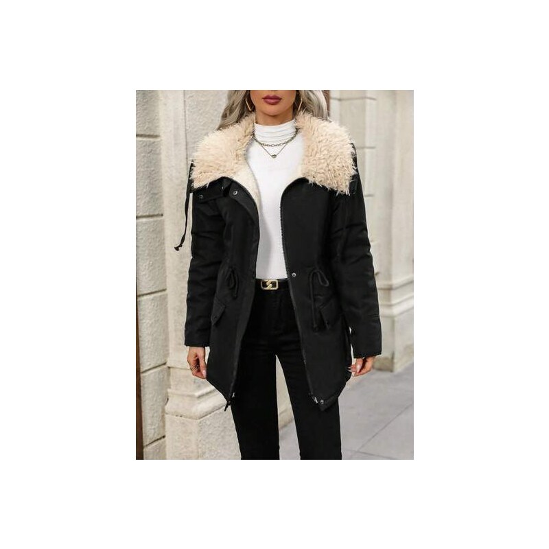 Shein Geaca imblanita cu buzunare si gluga, snur regalbil, negru, dama ...