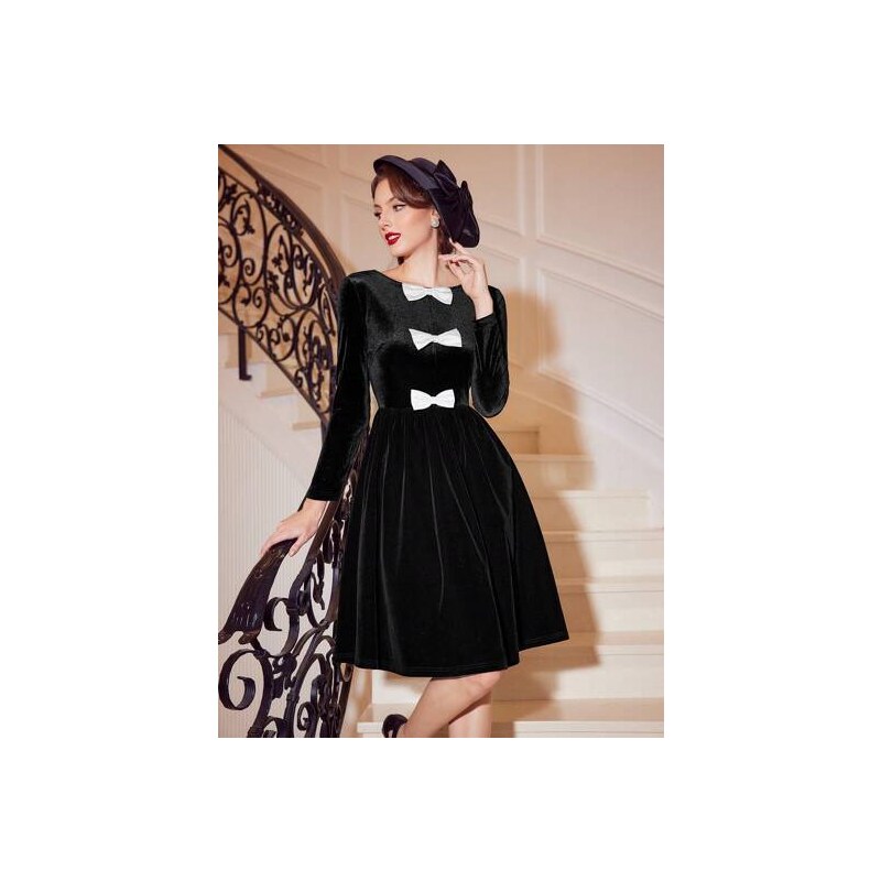 Rochie mini cu aplicatii fundite, catifea, negru, dama, Shein - GLAMI.ro